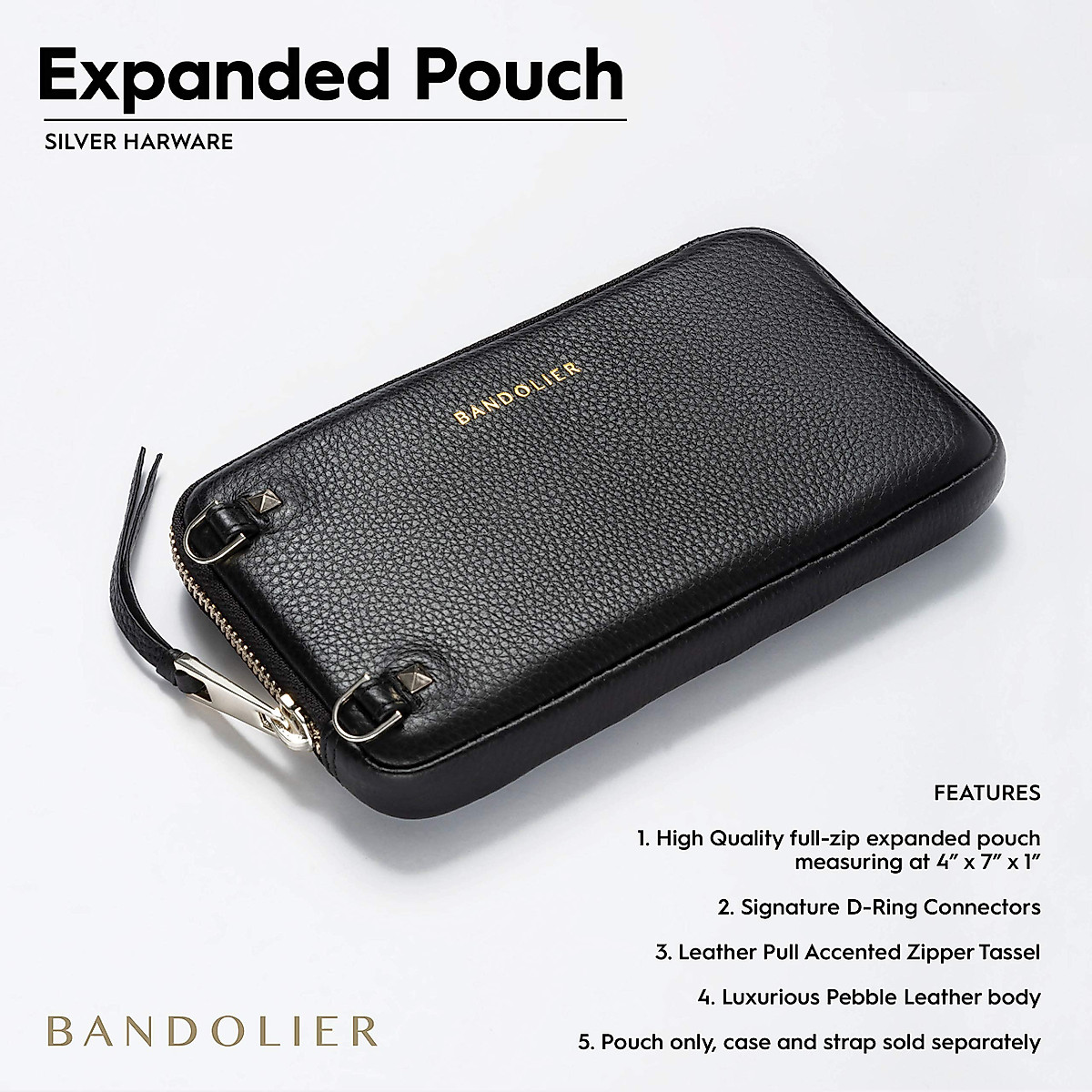 Bandolier Expanded Zip Pouch - Black/Silver - Phone Case & Strap Sold Separately