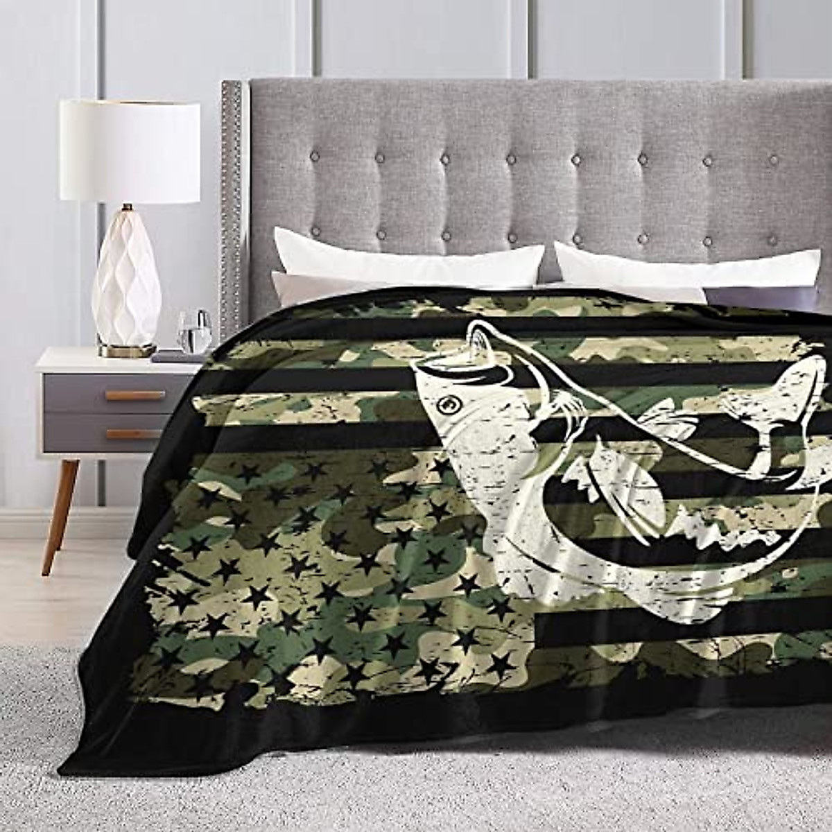 Bass Fish Flag Green Blanket Soft Lightweight Throw Blanket Comfortable Warm Bed Blanket for Bedroom Living Room Sofa Couch(50"x40")