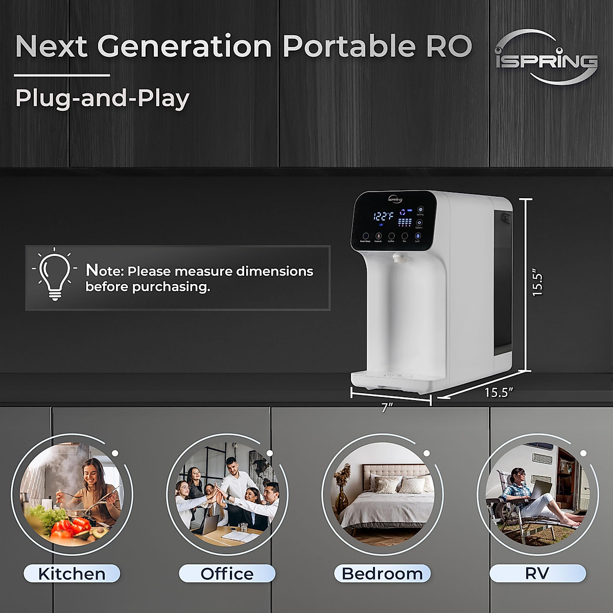 iSpring RCD100 5-Stage Countertop Reverse Osmosis System, Instant Hot RO Water Dispenser with UV, 2.5:1 Pure to Drain, 100 GPD Portable Water Filtration System, 4 Temperature Options, Plug and Play