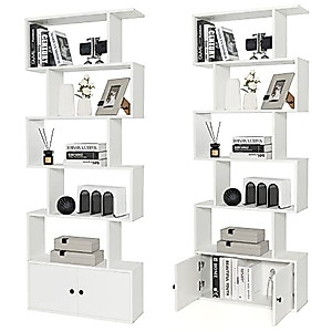 LOKO 6-Tier Geometric Bookcase with Doors, Freestanding Storage Display Shelf with Anti-toppling Devices, S-Shaped Z-Shelf Bookshelf with Cabinet for Living Room, Bedroom, Study (2, White)