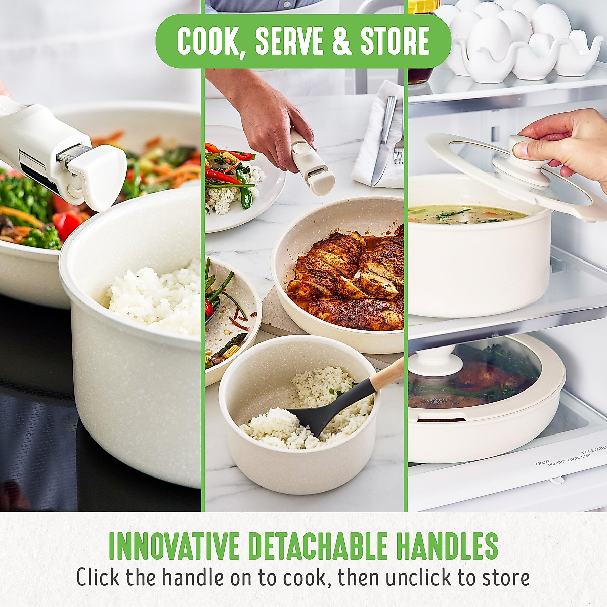 GreenLife Click 10-Piece Ceramic Nonstick Cookware Set, Detachable Handle, Stackable Space Saving Kitchen Essential, Non Toxic PFAS-Free Pots & Pans, Induction & Oven Safe, Glass Lid, Speckled Cream