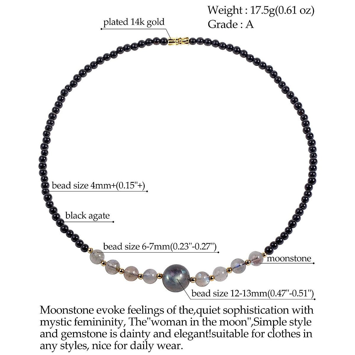 Jewever Moonstone/Black Agate Choker Necklace for Women Healing Crystals and Gemstone Necklaces Balance Meditation Jewellery Gifts