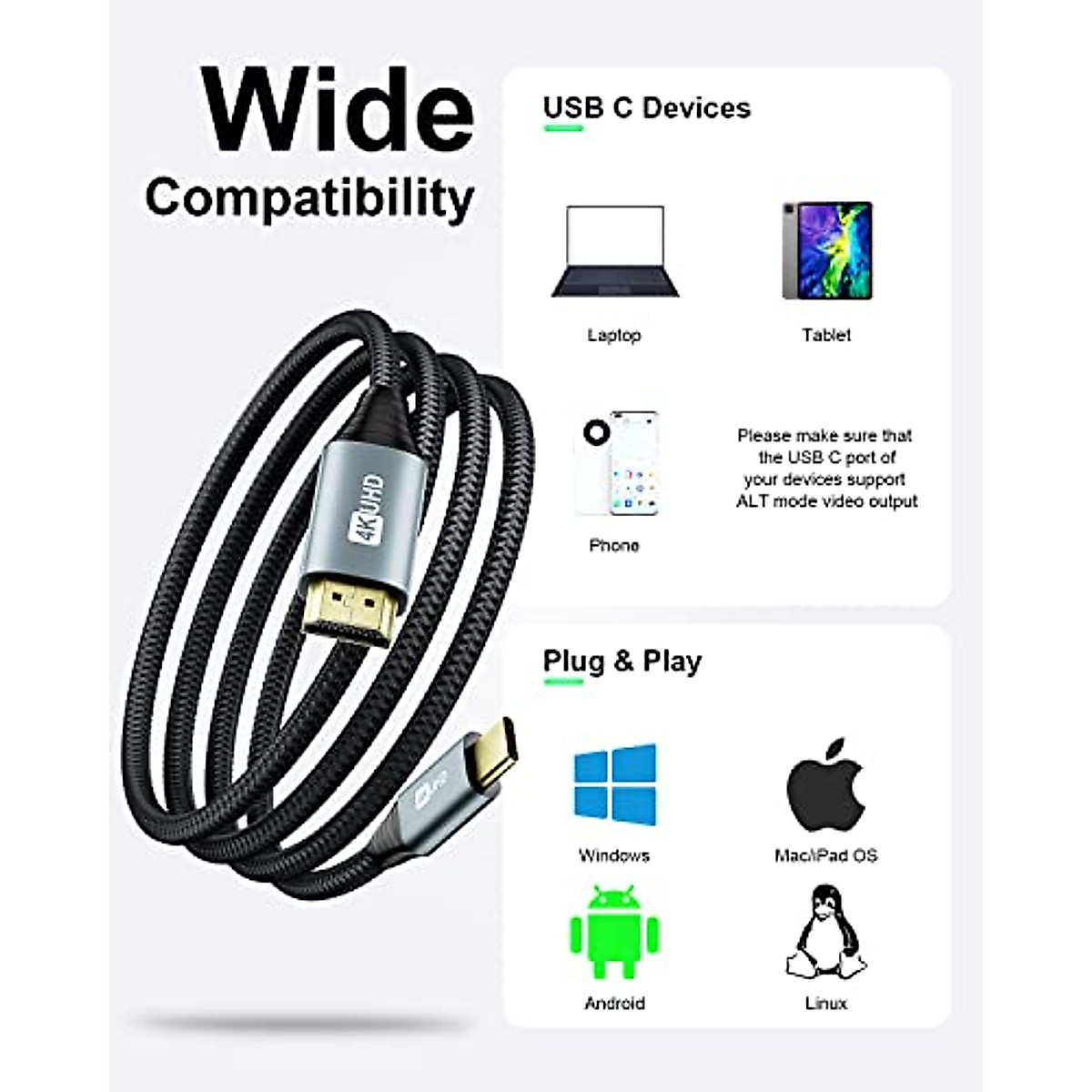 Fastdot USB C to HDMI Cable 6ft/1.8M (4K@30Hz), Thunderbolt 3 Compatible USB Type C HDMI Cable Compatible for MacBook Pro MacBook Air iPad Pro iMac ChromeBook Pixel