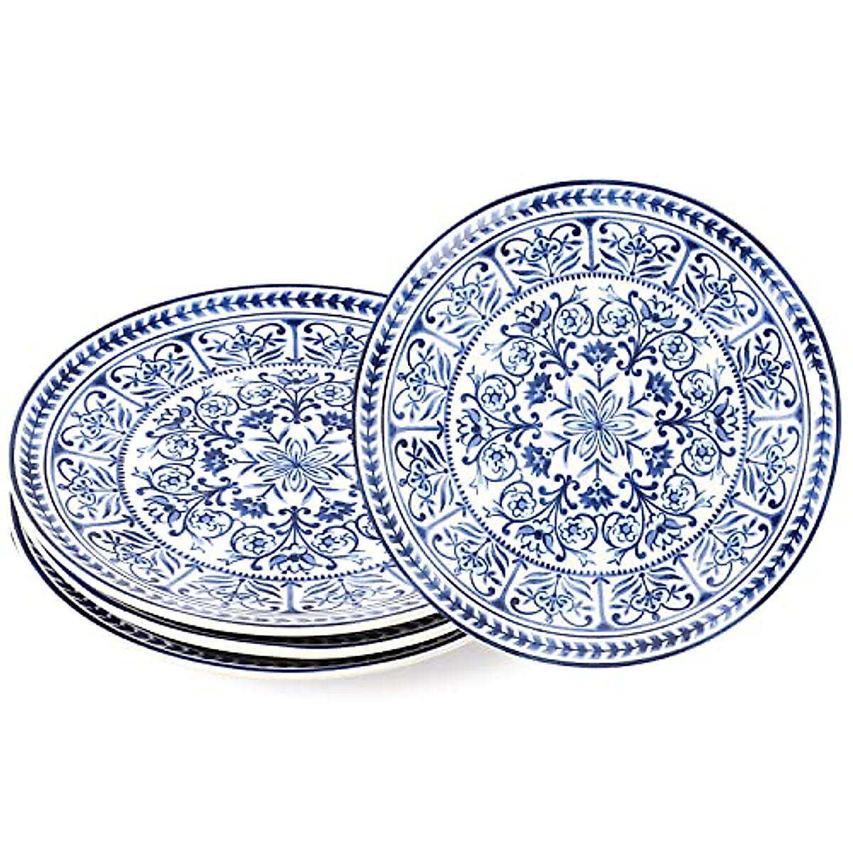 Sonemone 8.75 Inch Marrakesh Tile Floral Salad Plates, Blue Ceramic Plates Set of 4, for Salad, Pasta, Pancakes, Steak, Microwave & Dishwasher Safe