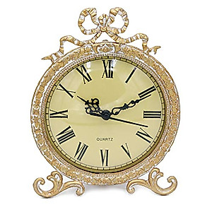Funly mee Vintage Pewter Table Clock with Antique Golden Bow（Plexiglass Shell）
