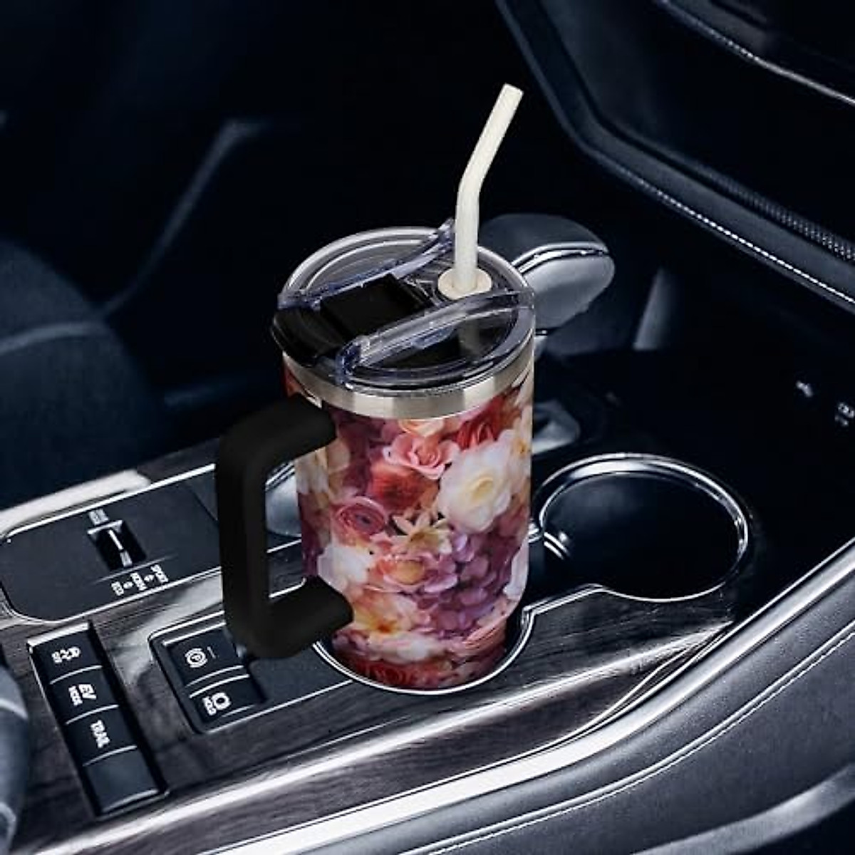 Colorful Yellow Red Rose Flower 40 Oz Stainless Steel Cup Travel Tumbler with Handle and Straw Lightweight Coffee Mug for Home Office