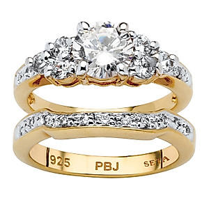 PalmBeach Yellow Gold-Plated or Platinium Plated Round Cubic Zirconia Bridal Ring Set Size 7