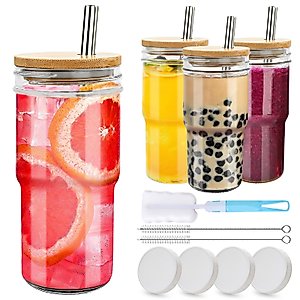 LronFensy Glass Cups with Bamboo Lids and Straws(22OZ, 4Pack) -,Reusable Boba&Smoothie Cups, Drinking Glasses Tumbler for Iced Coffee, Juice, Tea, Milk, Drinks