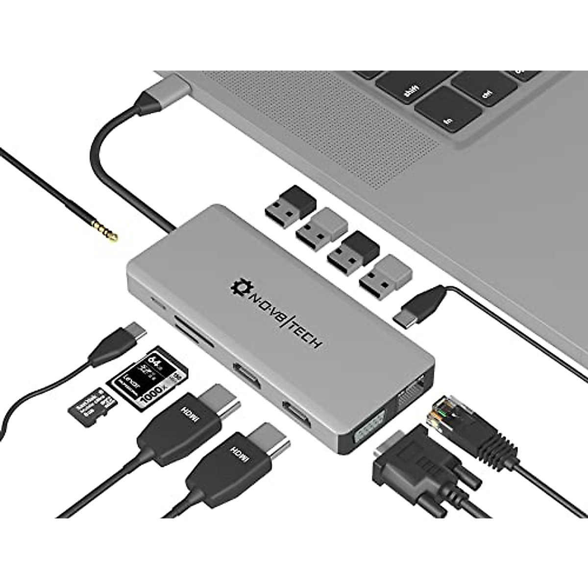 Nov8tech 13in1 USB C Docking Station Dual Monitor, USB C Hub with Dual HDMI, VGA, Ethernet, 5 Ports USB 3.0/2.0/C, 100W PD, TF/SD Card Reader, Audio, Compatible with MacBook, Laptops & Type C Devices
