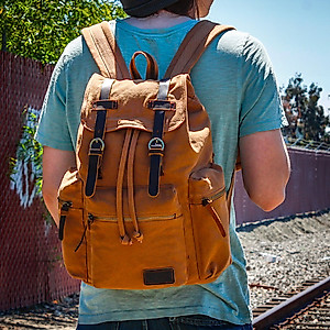 GEARONIC 21L Vintage Canvas Backpack for Men Women Leather Rucksack Knapsack 15 inch Laptop Tote Satchel College Military Army Shoulder Rucksack Hiking Bag-Yellow