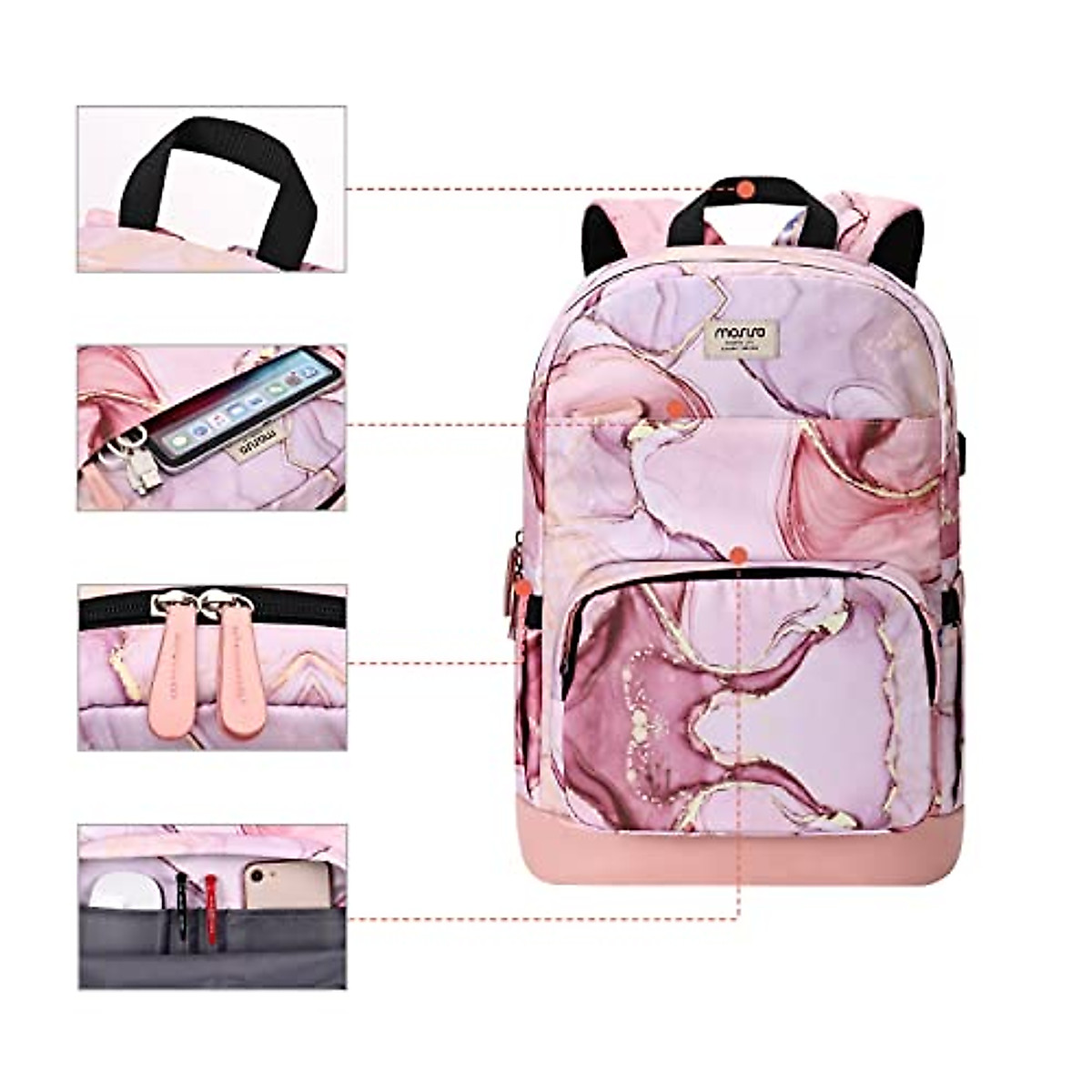 MOSISO 15.6-16 inch 20L Laptop Backpack for Women Girls, Polyester Anti-Theft Casual Daypack Bag with Luggage Strap&USB Charging Port, Travel Business College School Bookbag, Marble MO-MBH216, Pink