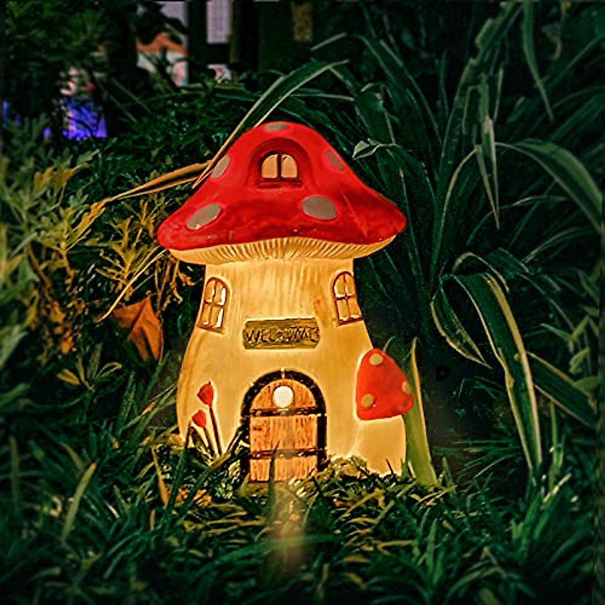 WONDHOME Mushroom Illuminated Miniature Fairy Landscape House with Solar Powered LED Outdoor Garden Statue