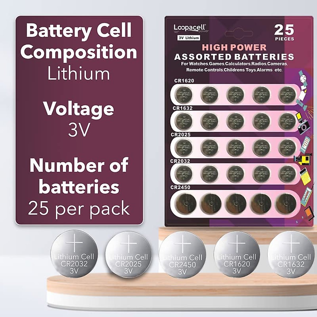 Loopacell High Power Button Cell 3V Lithium Assorted Battery CR2032 CR2025 CR2450 CR1620 CR1632, 25 Piece Set