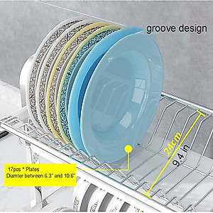 2-Tier Dish Rack, Colture Stainless Steel Dish Drying Rack with Utensil Holder and Drain Board Wine Glass Holder Easy-Storage Rustproof Kitchen Counter Dish Drainer Rack Organizer, Silver
