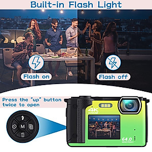 Digital Camera with WiFi 4K 64MP Vlogging Camera for Photography with Dual Screens Point and Shoot Camera with 32GB SD Card, 16X Zoom Compact Camera for Beginners-Tie2