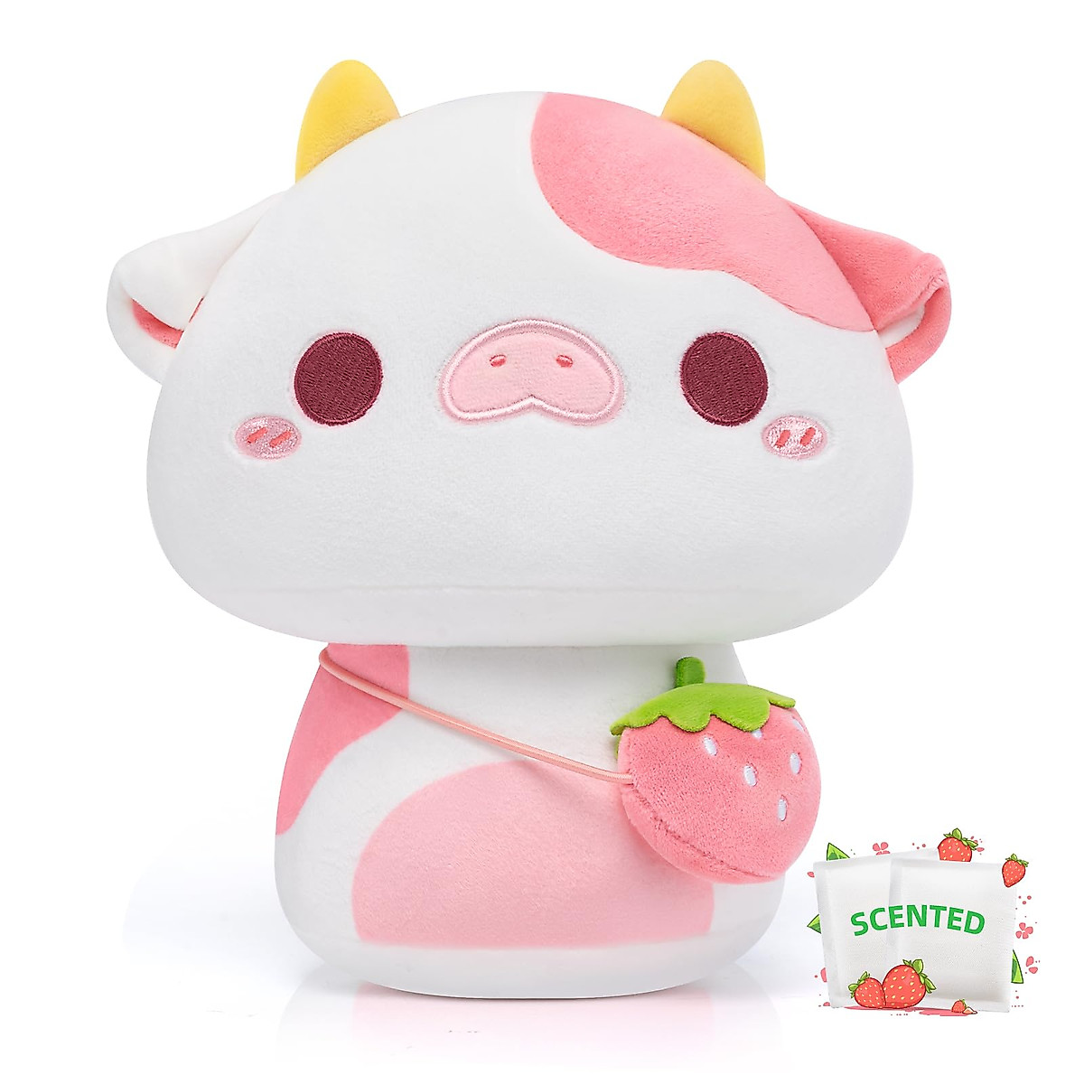 Mewaii Scented Stuffed Animal, Cute Strawberry Cow Plush with Sweet Strawberry Scented Microbeads, Pink Strawberry Plush Toy for Hugging Plush & Decor Pillow