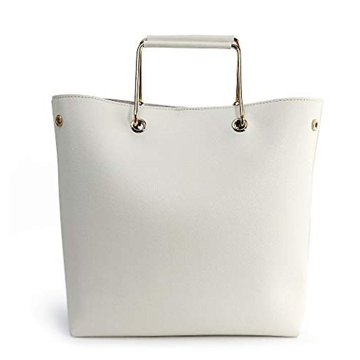 Women Tote with Metal Handle Vegan Leather Convertible Top Handle Handbag (Ivory)