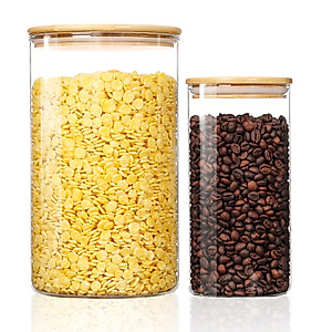 Vtopmart 138oz+51oz Glass Food Storage Jars, Glass Food Containers with Bamboo Wooden Lids for Flour and Sugar, Pasta, Cookies, Nuts, Cereal, Glass Canisters for Kitchen, Pantry Organization, BPA Free