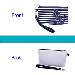 Small Anchor Wristlet Wallet Purse for Women Faux Leather Bag Handbag with Zipper Blue
