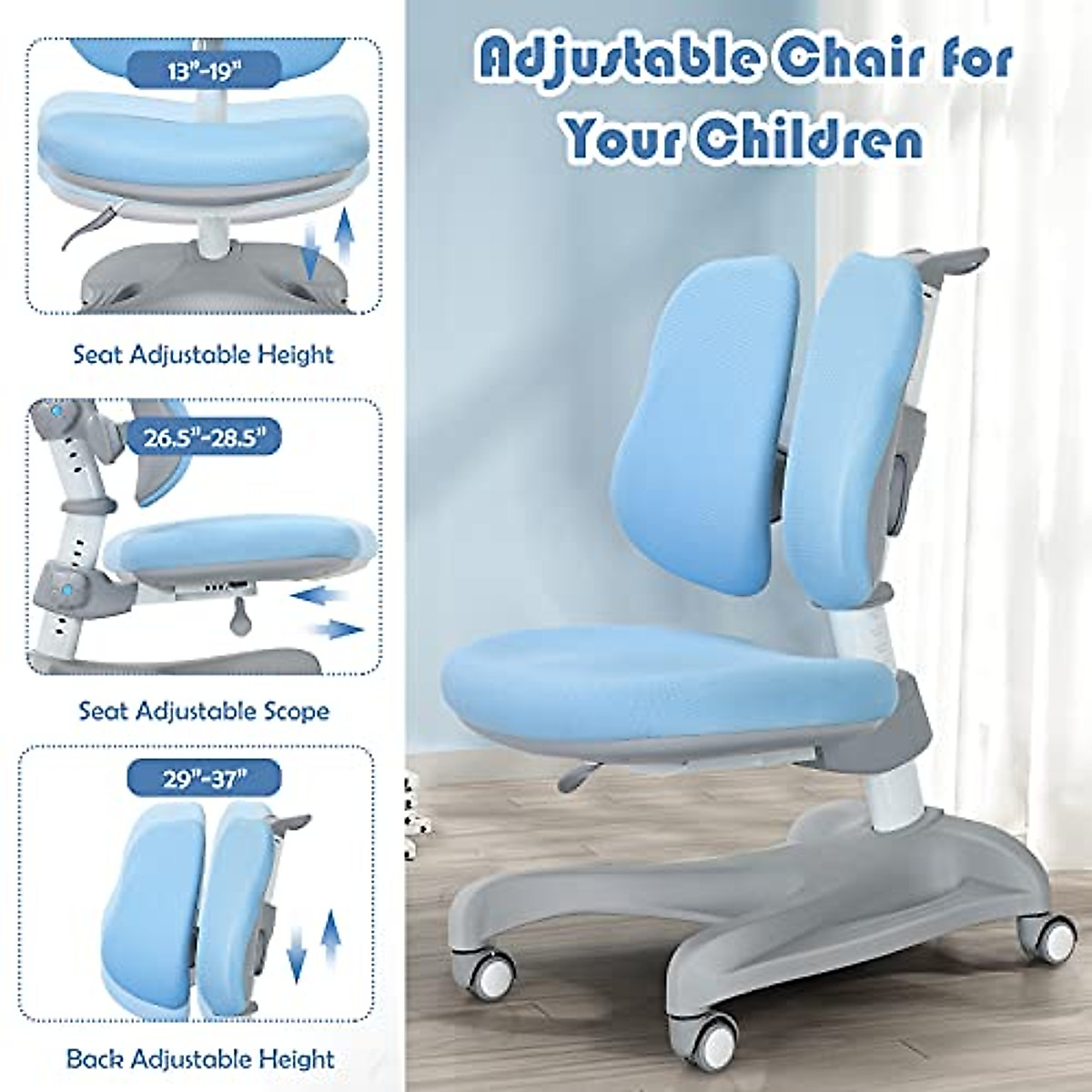 Costzon Kids Chair, Adjustable Height Student Chair w/Sit-Brake Casters, Lumbar Support, Seat Depth Adjustable, Home School Ergonomic Computer Chair for 3-18 Years Old, Kids Desk Chair (Blue)