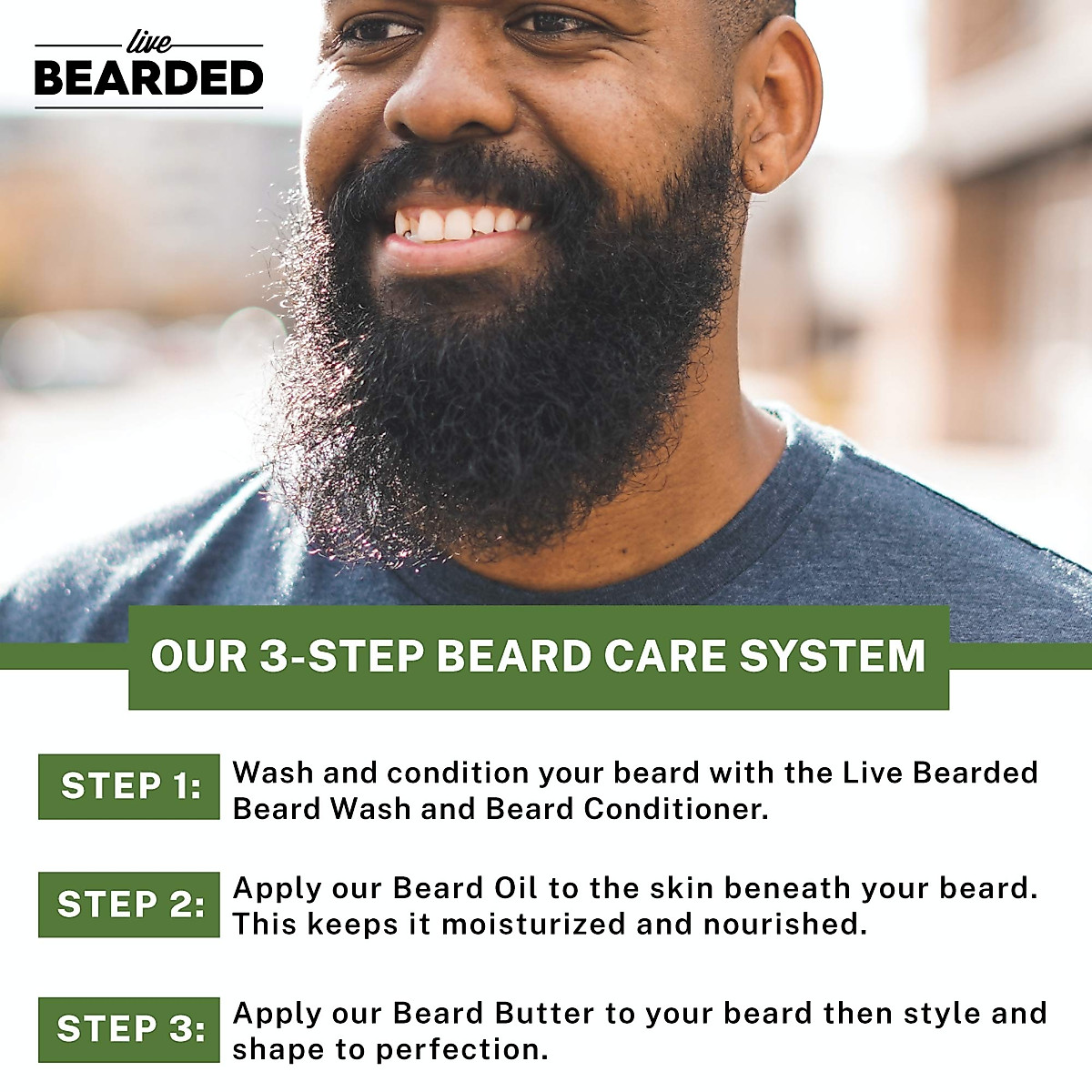 Live Bearded 3-Step Beard Grooming Kit - Wash, Oil and Butter - Made in the USA - All-Natural Ingredients with Shea, Jojoba - Growth Support | Straight Up Unscented - Fragrance-Free