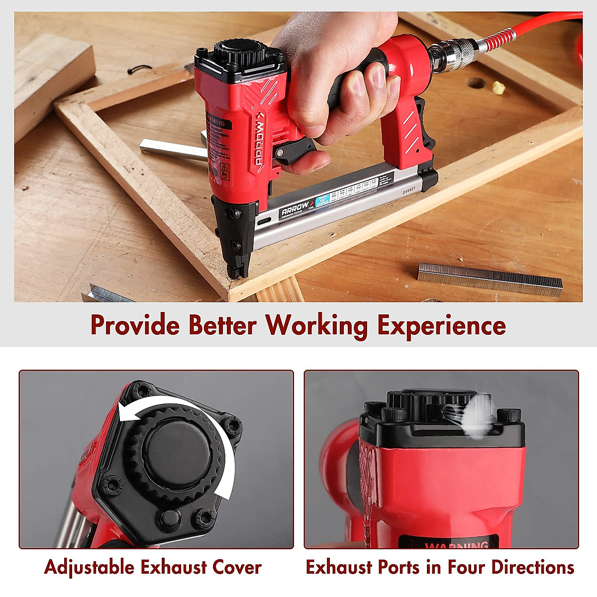 Arrow Pneumatic Staple Gun, Oil-Free Upholstery Stapler with 3750 Pieces T50 1/4", 3/8", 1/2" Staples, Adjustable Exhaust, for Woodworking, Professional and DIY Projects, PT50