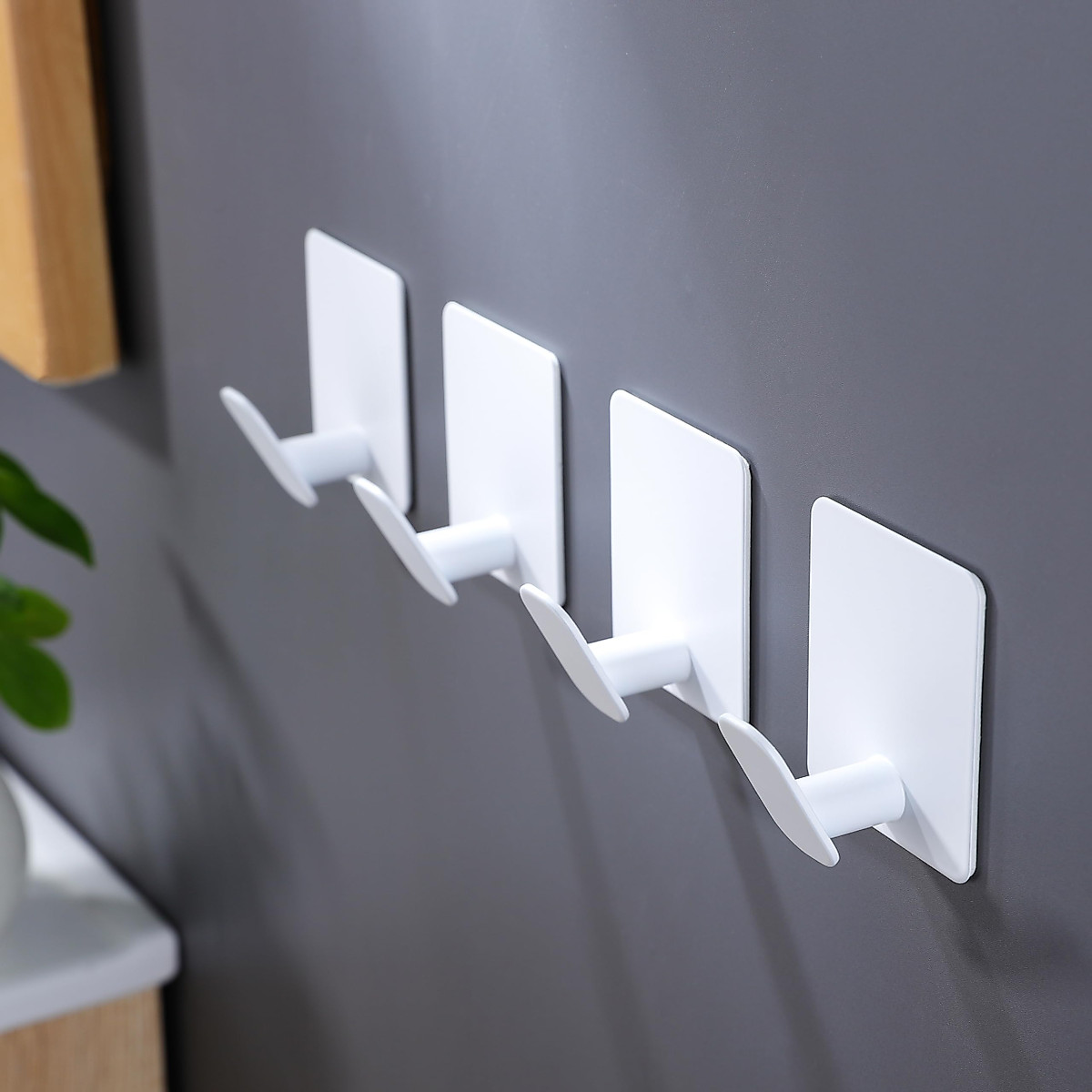 DELITON Adhesive Towel Hooks/Bathroom Wall Hooks - White Heavy Duty Self Adhesive Hooks Stick on Hanging Robes Coats Clothes for Bedroom Kitchen Door, Stainless Steel 4 Pack