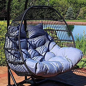 Sunnydaze Liza Loveseat Egg Chair with Cushions - Comfy Bohemian-Style Decorative Outdoor Living Collapsible Chair - Gray Polyester Cushions with Black Wicker Rattan Frame - 43 Inches Tall