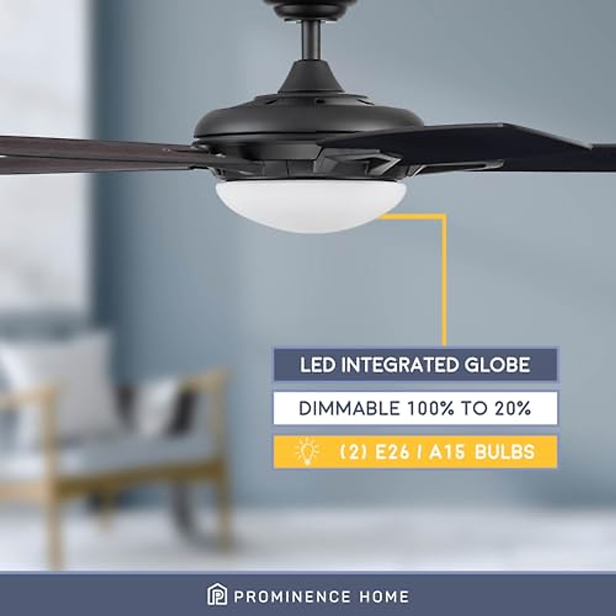 Prominence Home Clancy, 52 Inch Contemporary LED Ceiling Fan with Light, Remote Control, Dual Mounting Options, 5 Dual Finish Blades, Reversible Motor - 51483-01 (Matte Black)