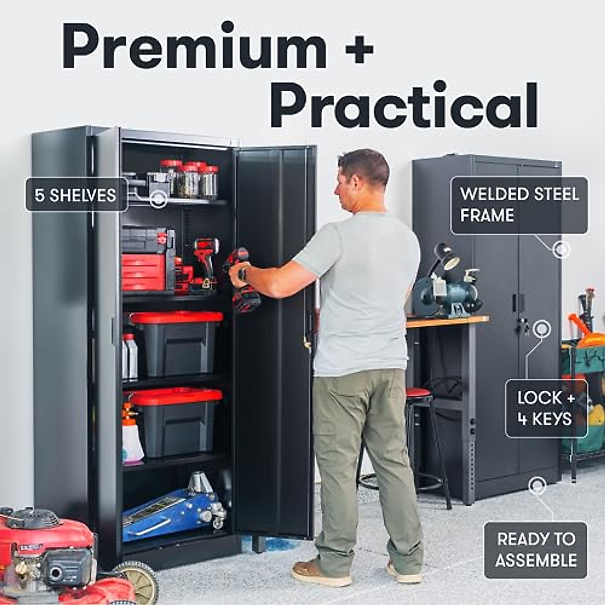 Metal Garage Storage Cabinet - 71-inch Tall Large Steel Utility Locker with Adjustable Shelves & Locking Doors - Garage Cabinets for Tool Storage and Ammo Locker - Black