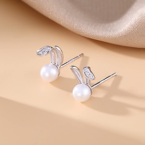 SLUYNZ Cute CZ Pearl Rabbit Studs Earrings for Women Girls Sterling Silver Bunny Studs Earrings Animal Earring Jewelry Birthday Friendship Gift Adult Earrings(A-Silver)