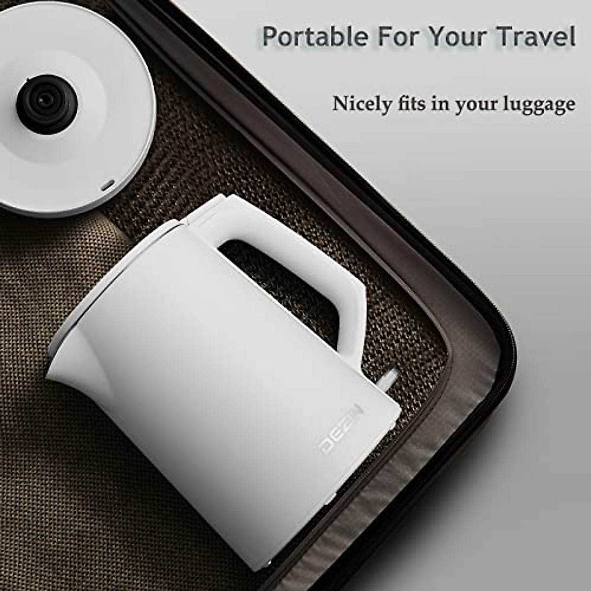 Dezin Electric Kettle, 0.8L Portable Travel Kettle with Double Wall Construction, Stainless Steel Electric Tea Kettle for Business Trip, Small Electric Kettle with Auto Shut-Off, White (Without Cup)