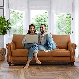 80'' Brown Leather Sofa Couch with Nailhead Trim, Mid Century Modern 3 Seater Couch Comfy Sofa Loveseat Love Seat with Extra Deep Seat and Rolled Arm Couches for Living Room, Bedroom, Office