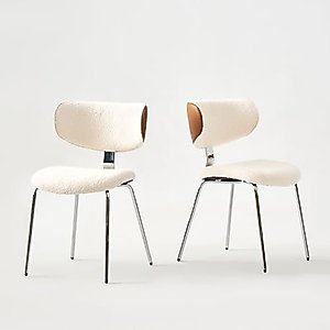 GrandNoor Modern Boucle Dining Chairs Set of 2,Faux Leather Kitchen & Dining Room Chairs,Curved Backrest Upholstered Dining Chairs with Metal Legs, White