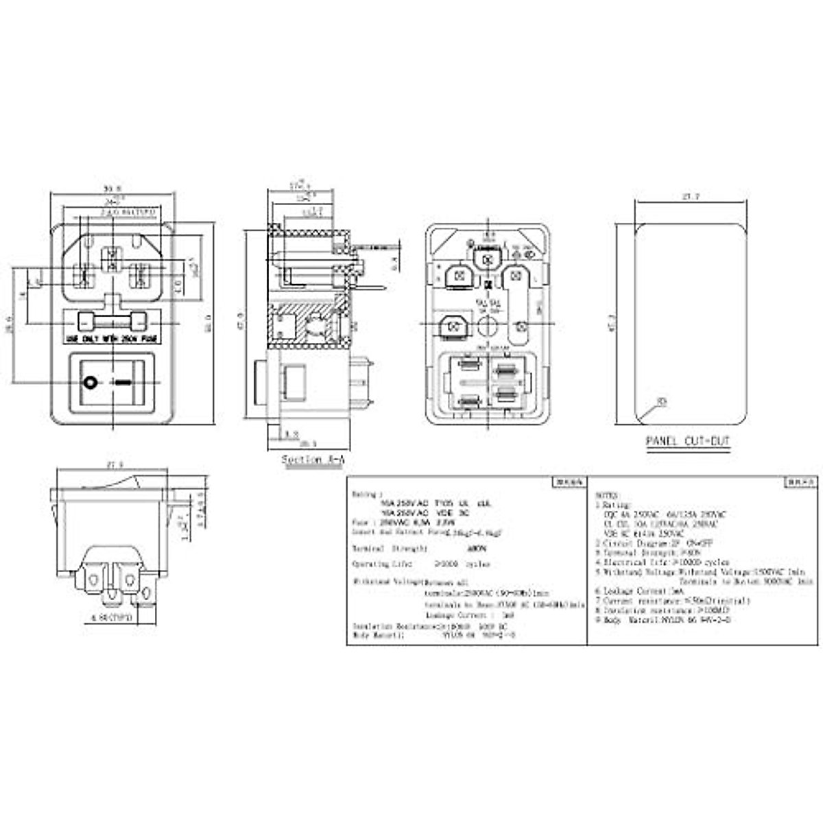 DEVMO 2pcs 10A 250V Rocker Switch Power Socket Inlet Module Plug 5A Fuse Switch with 18 AWG Wiring 3 Pin IEC320 C14 Connected Terminal Crimps and Wires