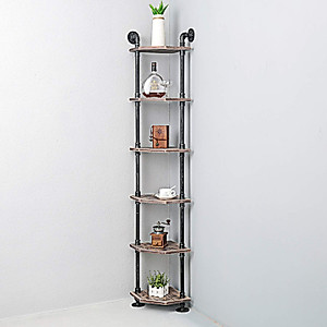 MBQQ Industrial Pipe Shelves Modern/Rustic Corner Book Shelves with Real Wood,Corner 6-Tier Bookshelf Display Stand,Metal Standing Home Decor Shelf Units