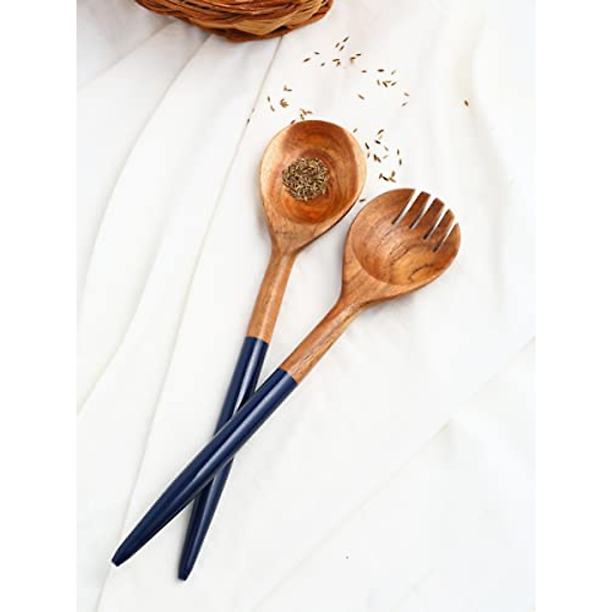 YoTreasure Tiramisu Resin & Wood Blue Salad Server Set Utensils for Modern Serving and Cooking