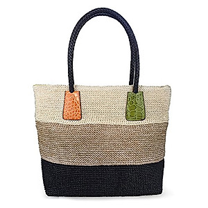 HOXIS Color Block Crocodile Pattern Stripes Woven Synthetic Straw Tote Womens Shoulder Vacation bag (Khaki)