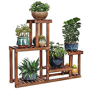 COOGOU Pine Wood Plant Stand Indoor Outdoor Multi Layer Flower Shelf Rack Higher and Lower Plant Holder in Garden Balcony Patio Living Room (4 Tiers )