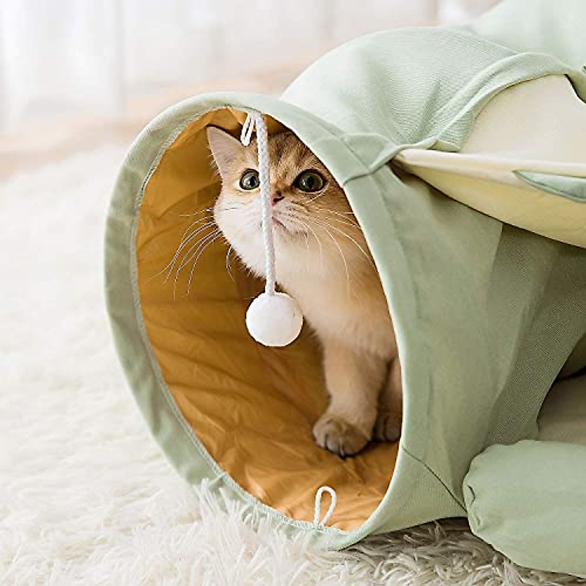 HIPIPET Cat Tunnel for Indoor Cats, Cat Tube with Collapsible Washable Cat Bed,Premium Cat Toy for Small Medium Large Cat.(Matcha)