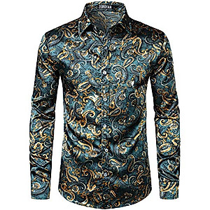 ZEROYAA Men's Hipster Design Silk Like Satin Button Up Paisley Dress Shirt for Party Prom ZLCL31-101-Teal Medium