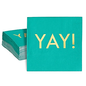 BLUE PANDA 50 Pack Teal Paper Napkins with Gold Foil YAY for Party Supplies (3-Ply, 5 x 5 Inches)
