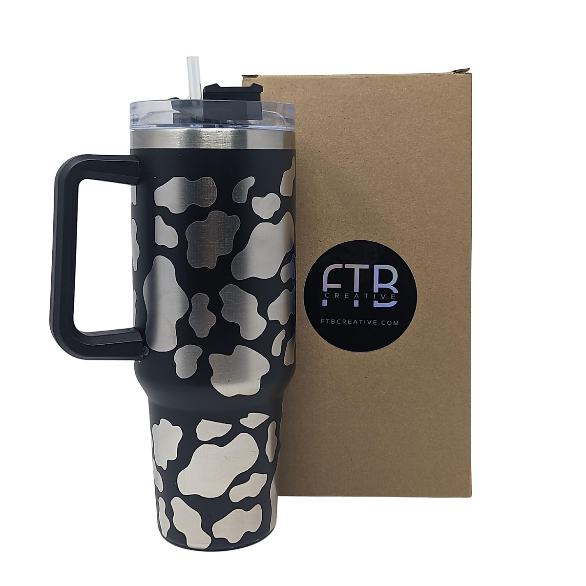 FTB Creative 40oz Custom Designed Tumbler, Double Wall Stainless Steel, with Lid and Straw (Black, Holy Cow)