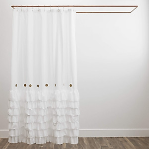 Shaina White Farmhouse Shower Curtain 72 x 72 with Shabby Chic Ruffles and French Country Style Buttons - Modern Farmhouse Fabric (White)