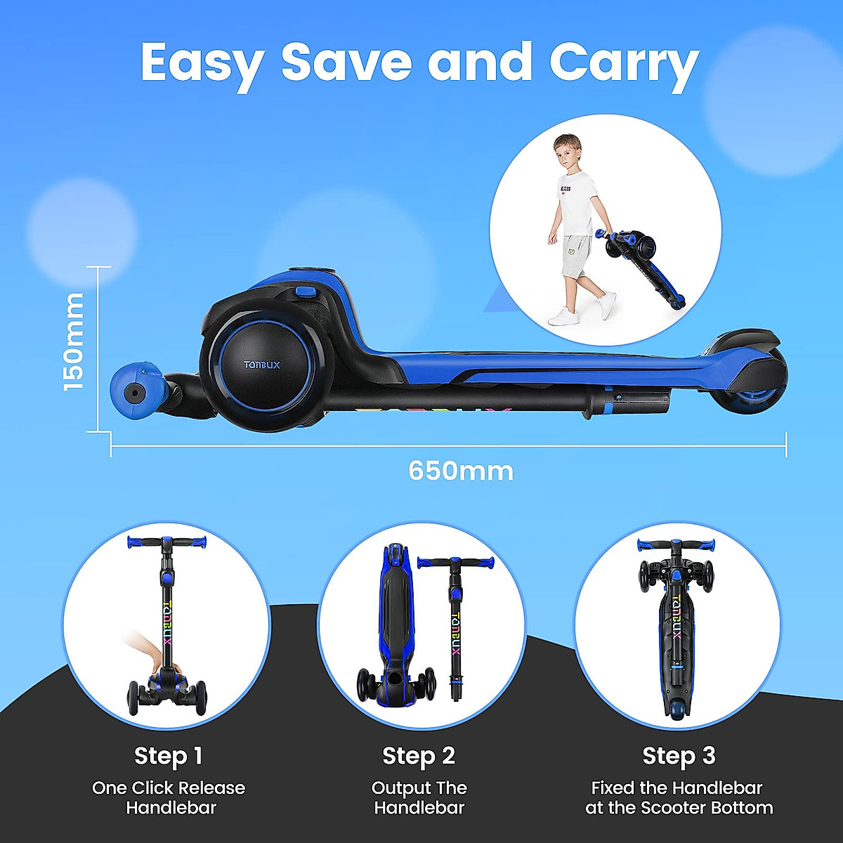 TONBUX Kids Scooter for Age 3-12, Toddler Scooter with 4 Adjustable Heights, Light Up 3-Wheels Scooter, Shock Absorption Design, Lean to Steer, Balance Training Scooter for Kids - Blue