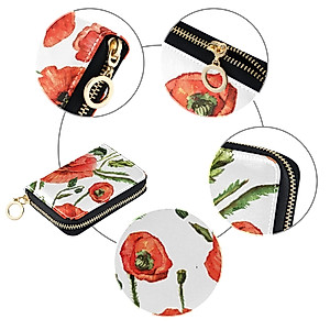 Wildflower Red Poppy Flower Credit Card Coin wallet, RFID Blocking Compact Women Leather Card Holder, Key Change Organizer, Zipper Purse Clutch Pouch Pocket