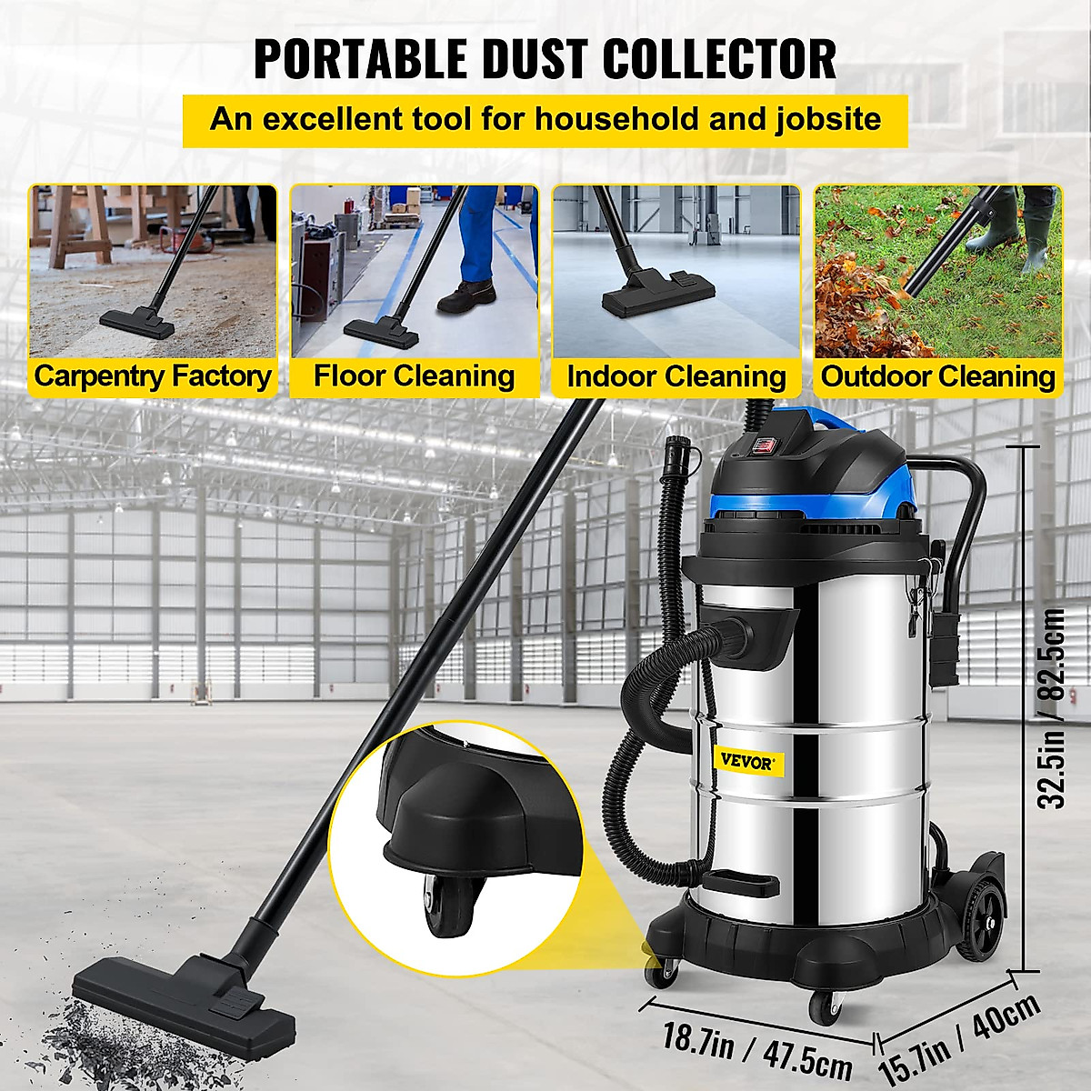 VEVOR Heavy-Duty Shop Vacuum 3 Hepa Dust Collector, 13.5 GAL, Silver,Black