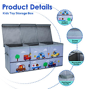 Extra Large Toy Box Chest with Flip Lid for Kids, Collapsible Oxford Toy Storage Box with Handles for Boys, Sturdy Waterproof Toy Box for Bedroom Playroom, 37.7×12.5×15.7 Inch (Animal Cars)