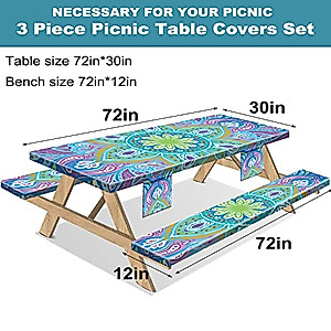 Sotue Picnic Table Cover with Bench Covers 3 Piece Set Elastic Fitted Rectangle Tablecloths Camp Tables Seat Cloth Polyester Oilcloth Vinyl Clothes for Outdoor Waterproof Camping 72x30 Inch Green