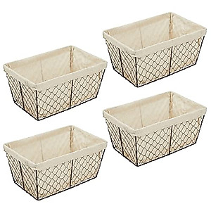 mDesign Medium Metal Farmhouse Home Storage Organizer Basket - Chicken Wire Design, Fabric Liner for Kitchen, Bathroom, Living Room, Pantry, Cupboard, Shelves, Countertop - 4 Pack - Bronze/Natural